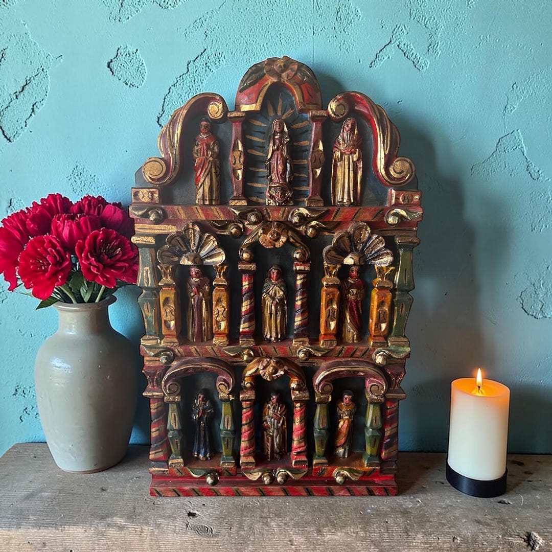 Hand Carved Wooden Retablo With Virgin Mary, Praying Saints & Nuns ...