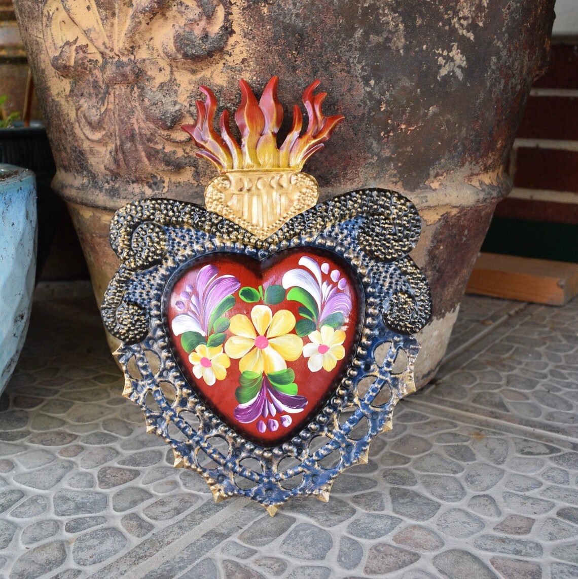 Hearts Tin Heart Large Milagro 12 X 9 X 1 Inches With Flowers - Etsy