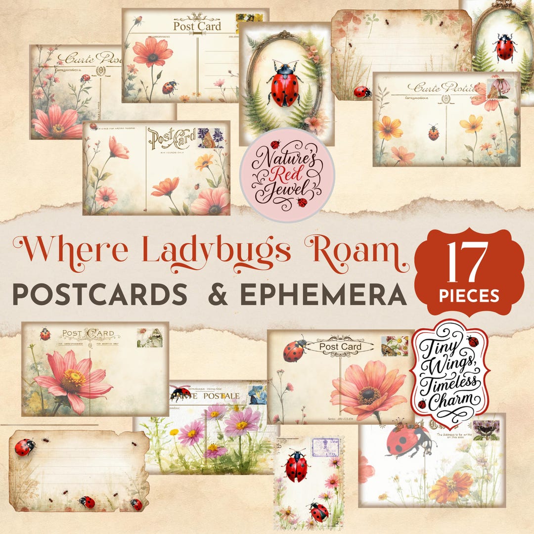Ladybug Junk Journals Postcards, Vintage Ladybird Ephemera Printable ...