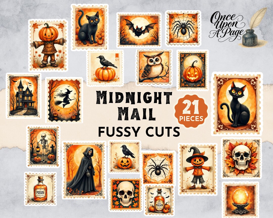 Halloween Post Stamps Midnight Mail, Printable Vintage Ephemera Junk ...