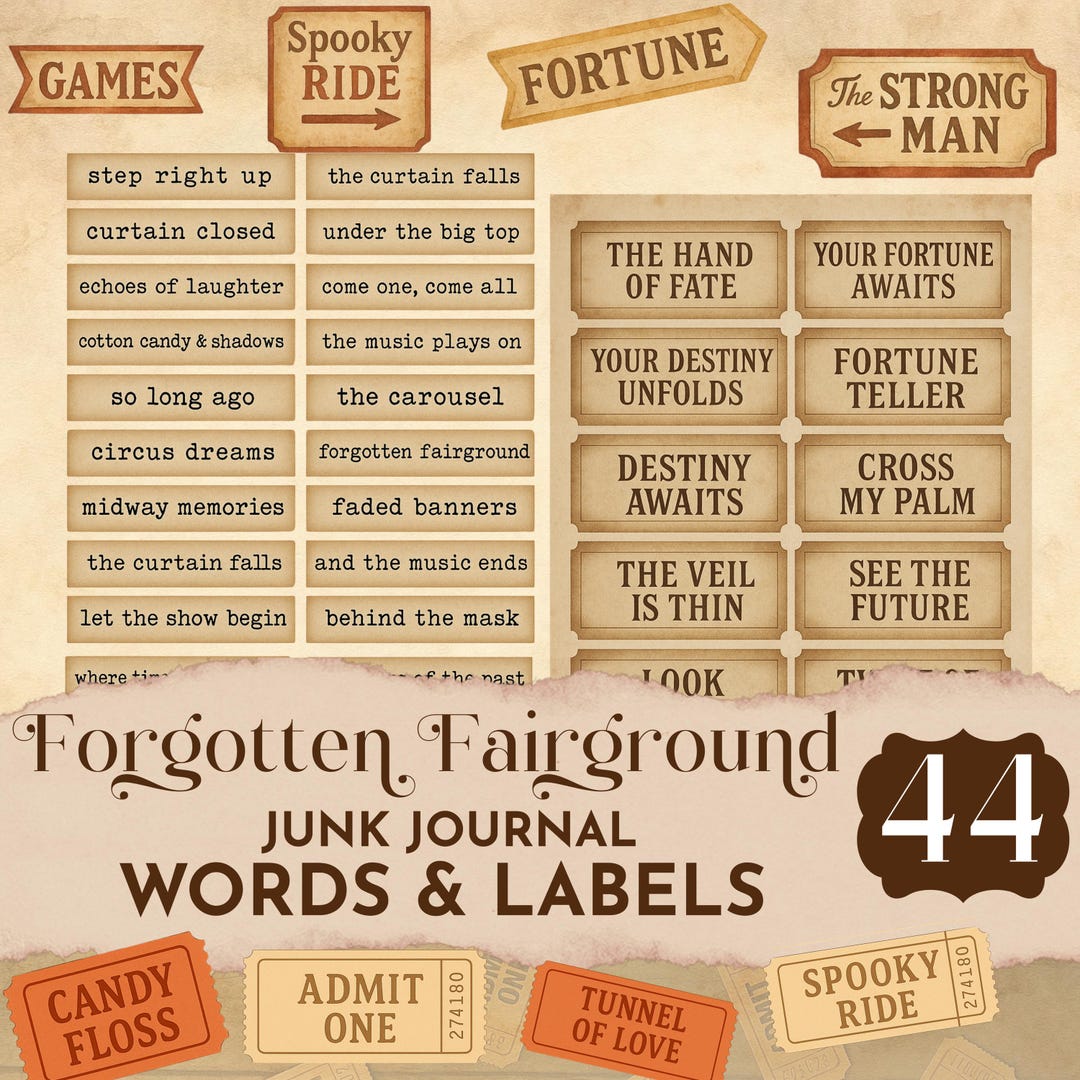 Forgotten Fairgrounds Word and Label Pack, Junk Journal Ephemera ...