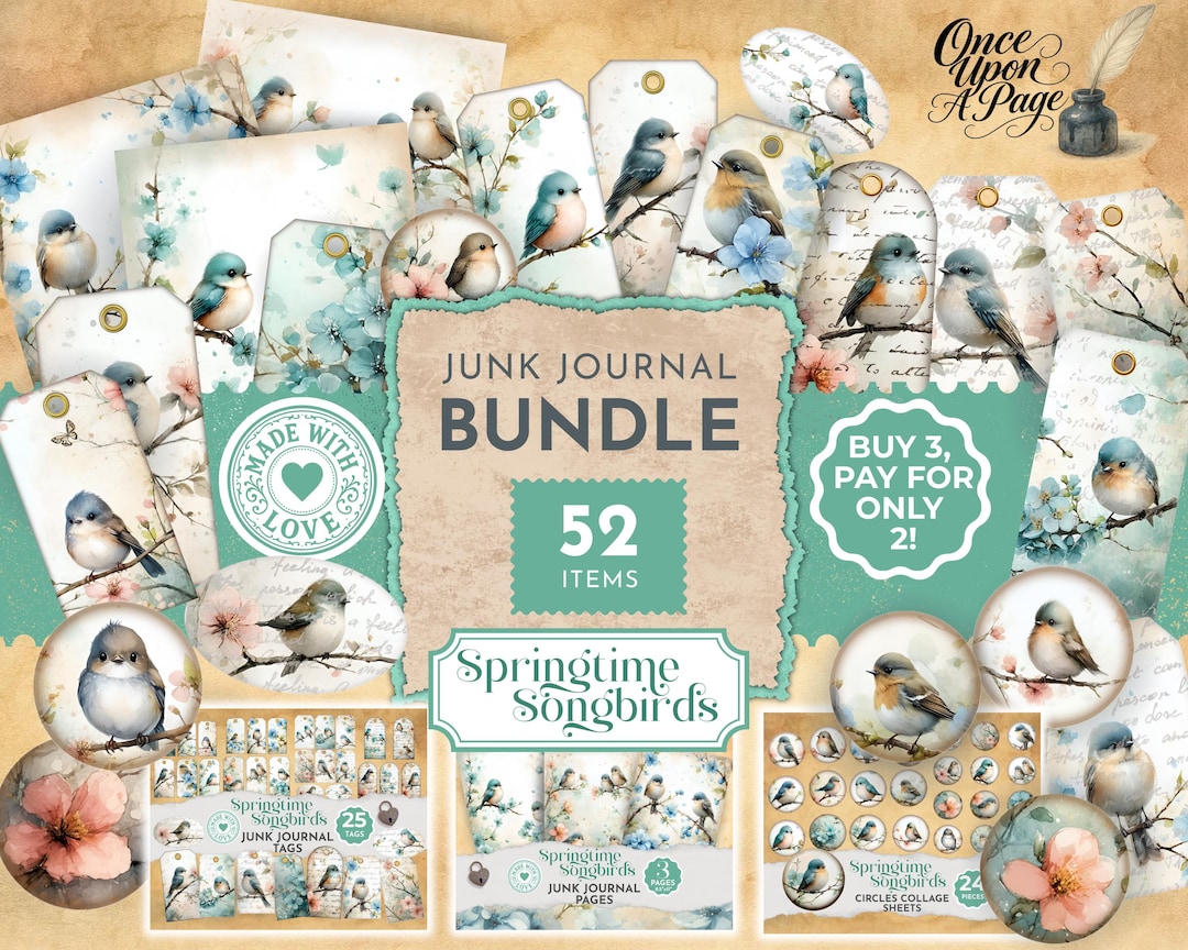 Bird Junk Journal Kit Bundle, Spring Songbirds Pages Tags Circles ...