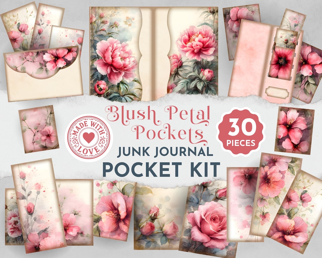 Pink Floral Junk Journal Pockets & Folders, Blush Petal Pockets, Junk ...