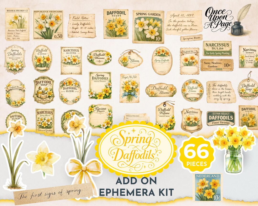 Junk Journal Ephemera Spring Daffodils, Vintage Floral Labels Cards ...