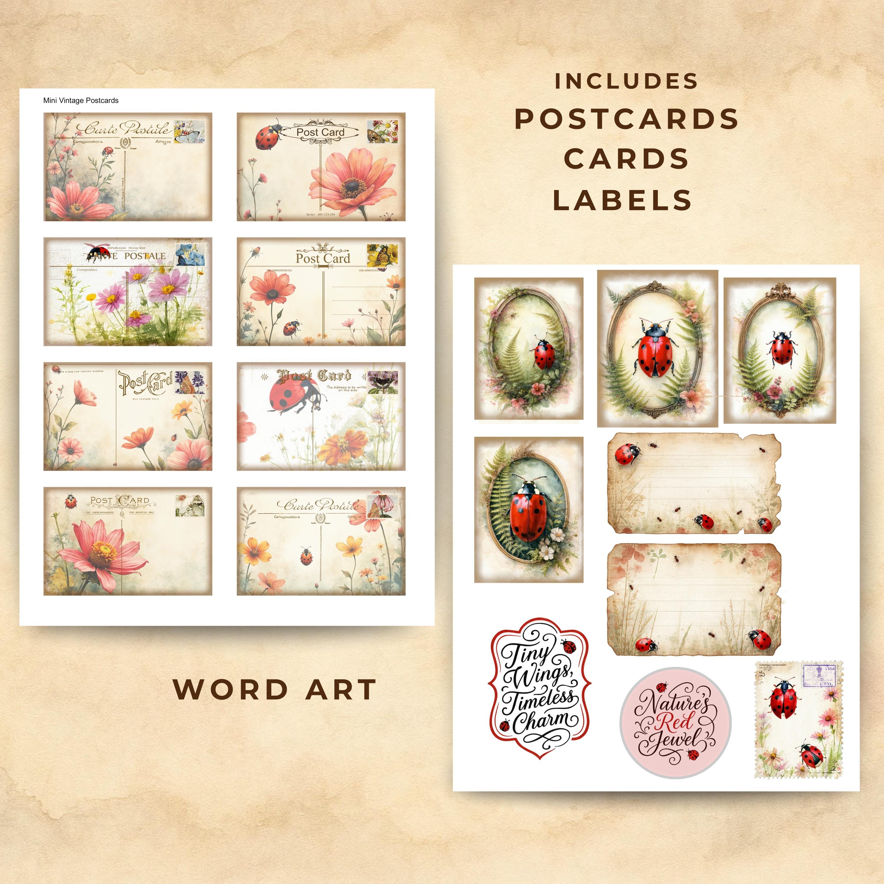 Ladybug Junk Journals Postcards, Vintage Ladybird Ephemera Printable ...