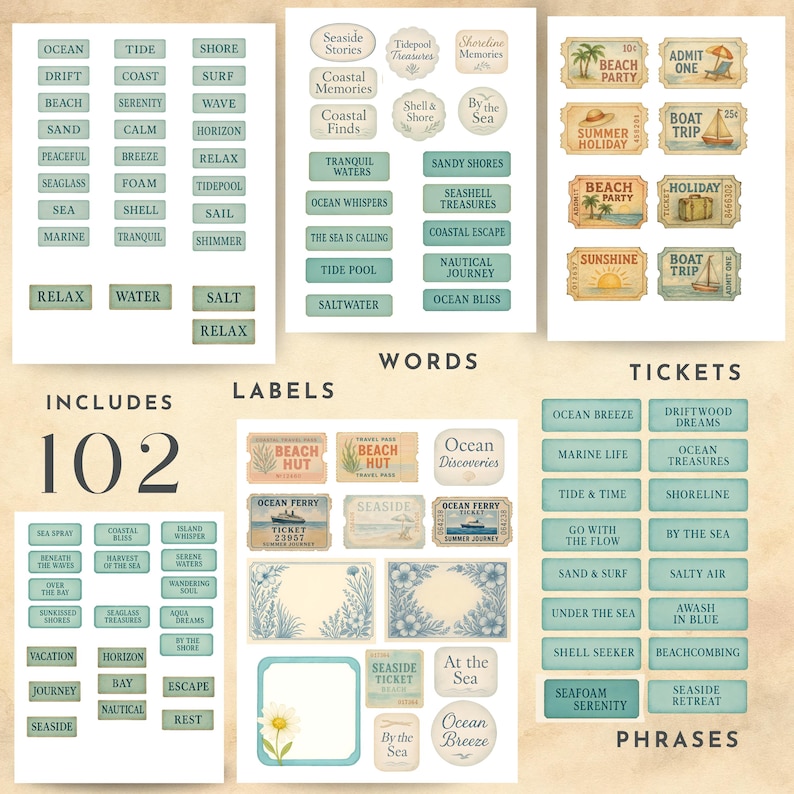 Summer Beach House Junk Journal Labels, Coastal Calm Words & Phrases ...