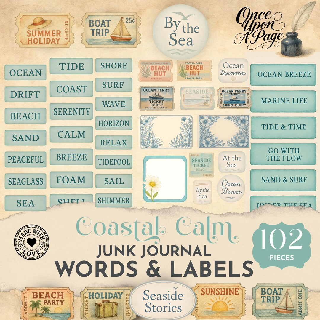 Summer Beach House Junk Journal Labels, Coastal Calm Words & Phrases ...