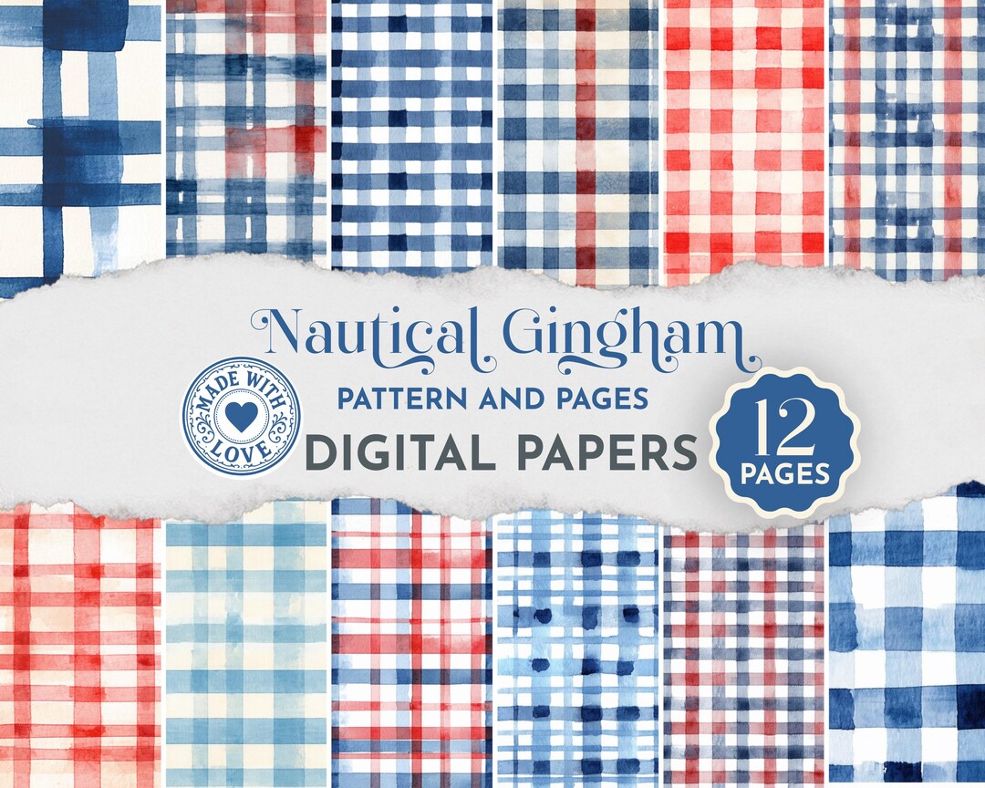 Gingham Pattern Seamless Digital Paper, Nautical Blue Check Backgrounds ...