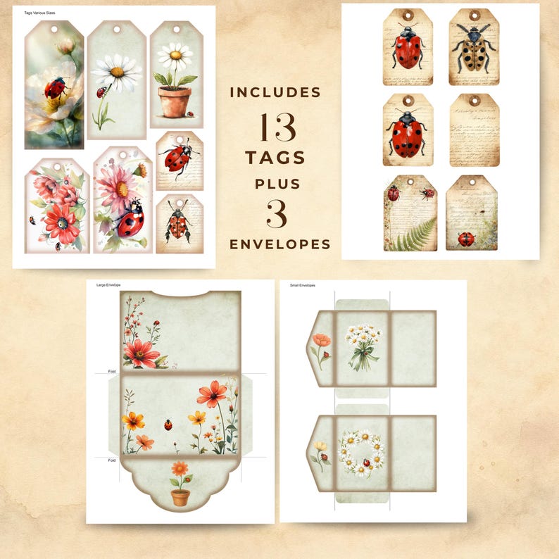 Ladybug Junk Journal Tags, Printable Garden Envelopes, Nature Ephemera ...