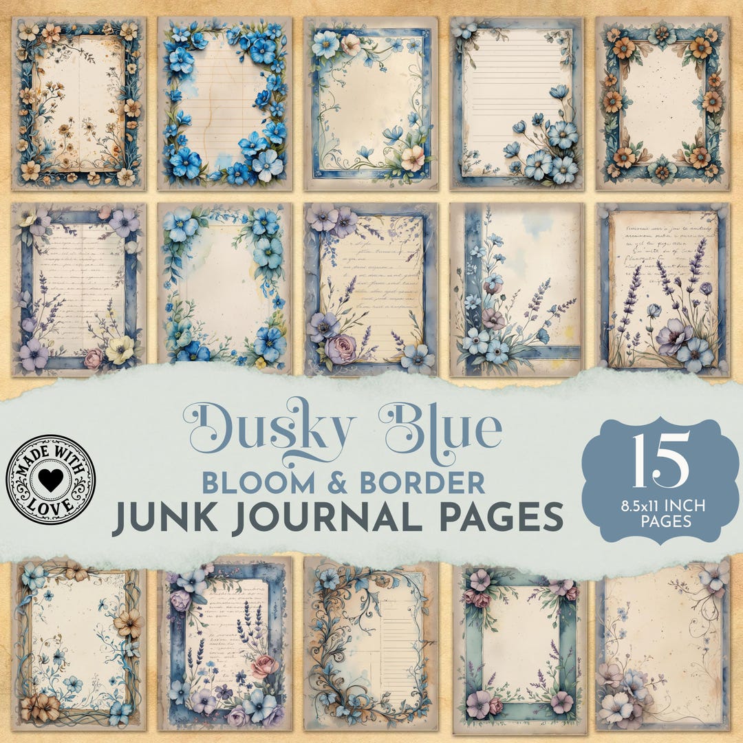 Dusky Blue Bloom and Border Junk Journal Pages, Floral Printable Paper ...