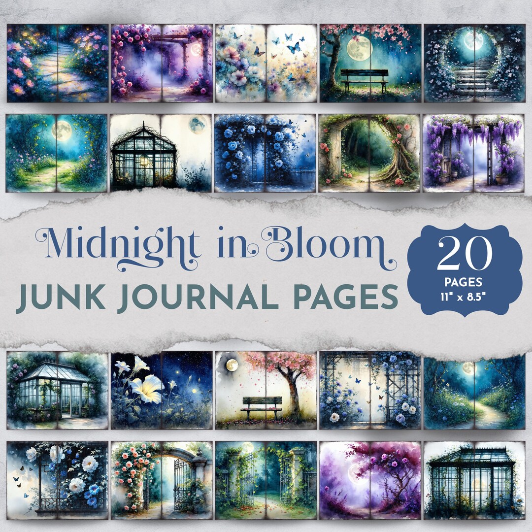 Midnight Garden Junk Journal Pages, Floral Moonlight Paper Set, Dreamy ...