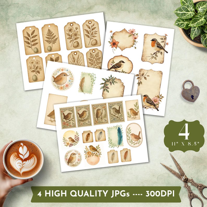 Birds Junk Journal Folio Ephemera, Printable Wren Nest& Feather Labels ...
