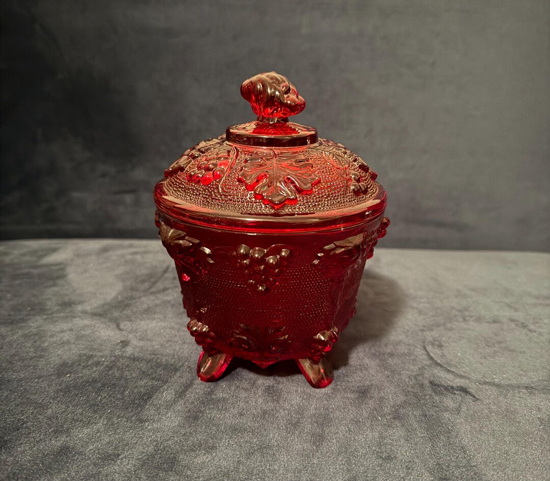 Vintage Jeanette Glass Harvest Grape Pattern Footed Candy Dish Ruby Red ...