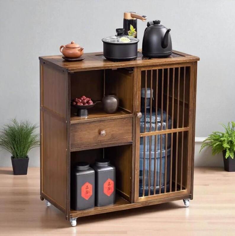 Solid Wood Mobile Tea Table, Balcony Tea Rack With Boiling Water Shelf ...