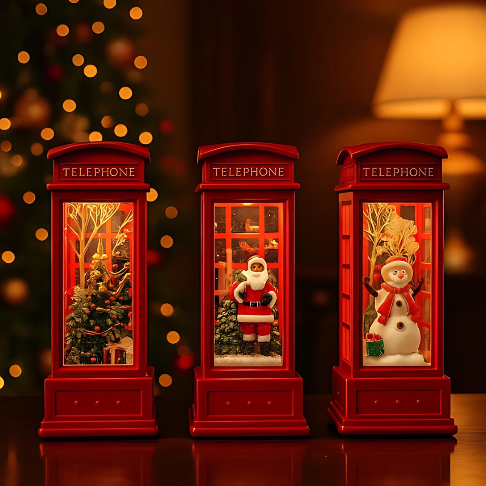 Red Retro Christmas Phone Booth, Santa & Snowman Lighted Ornament ...