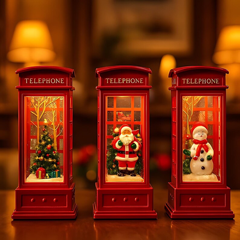 Red Retro Christmas Phone Booth, Santa & Snowman Lighted Ornament ...