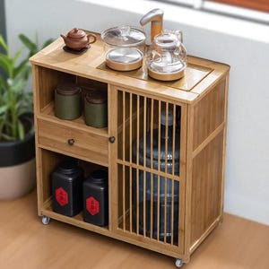 Solid Wood Mobile Tea Table, Balcony Tea Rack With Boiling Water Shelf ...