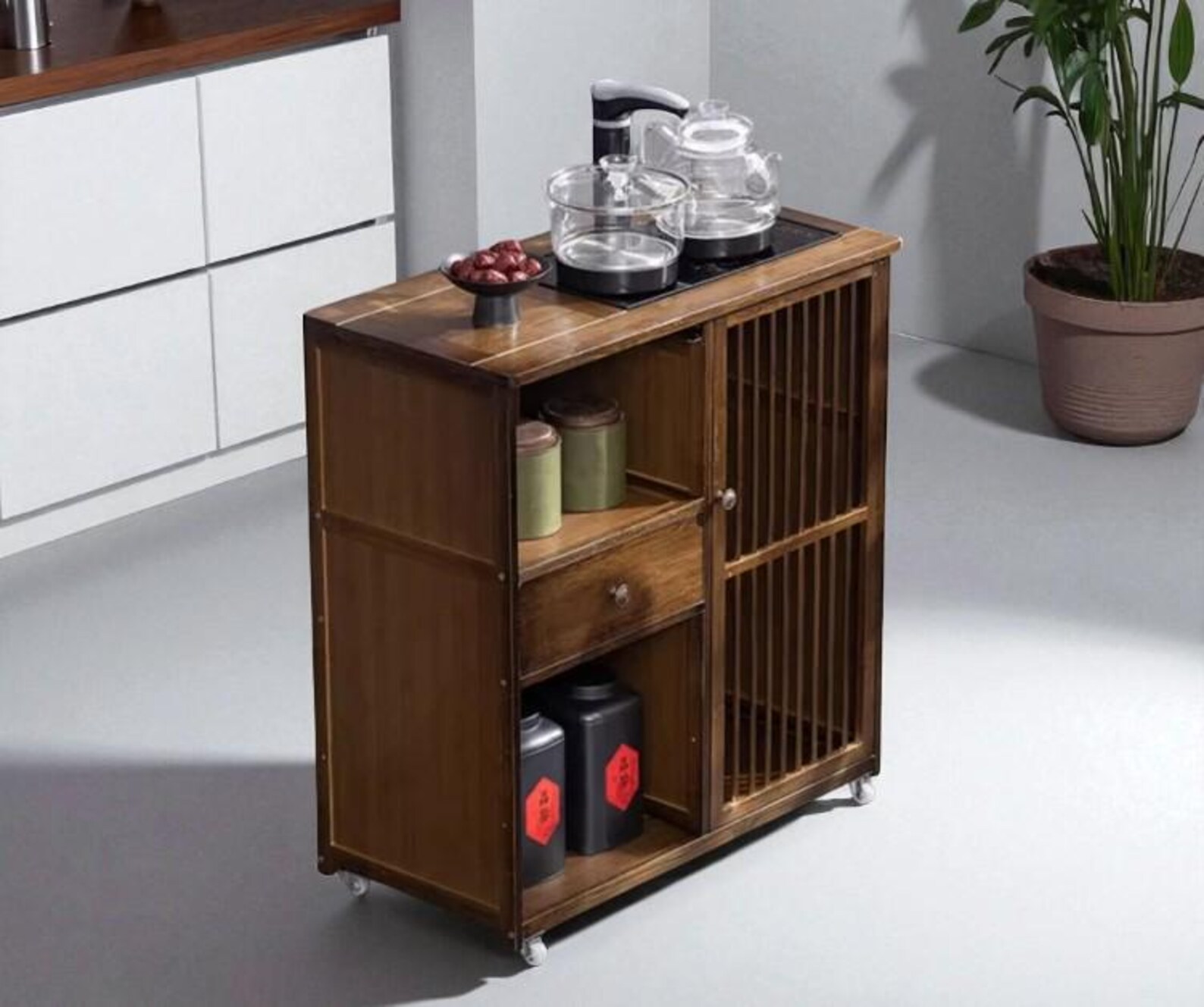 Solid Wood Mobile Tea Table, Balcony Tea Rack With Boiling Water Shelf ...