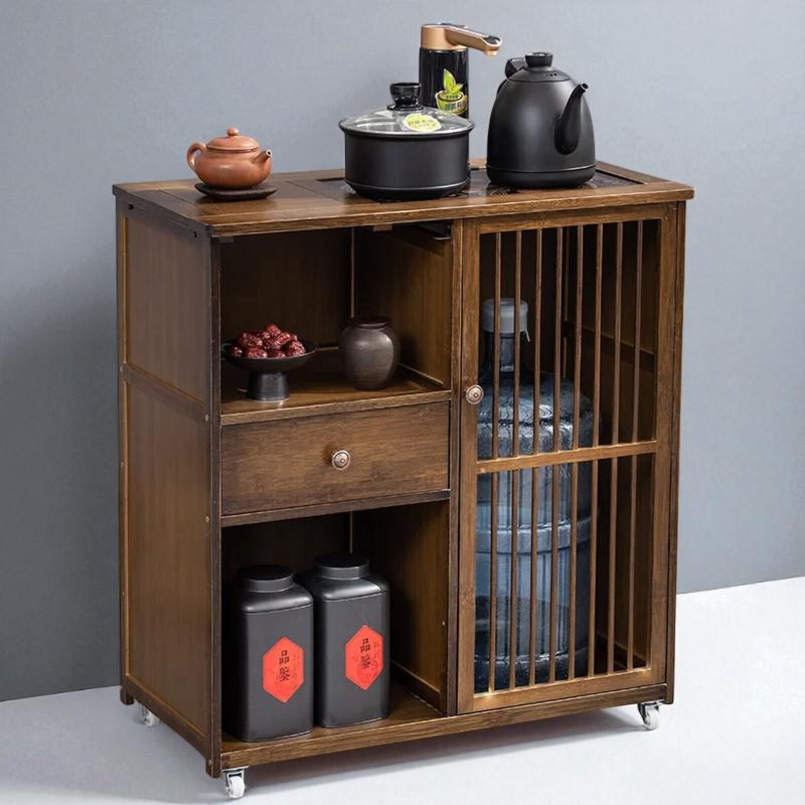 Solid Wood Mobile Tea Table, Balcony Tea Rack With Boiling Water Shelf ...