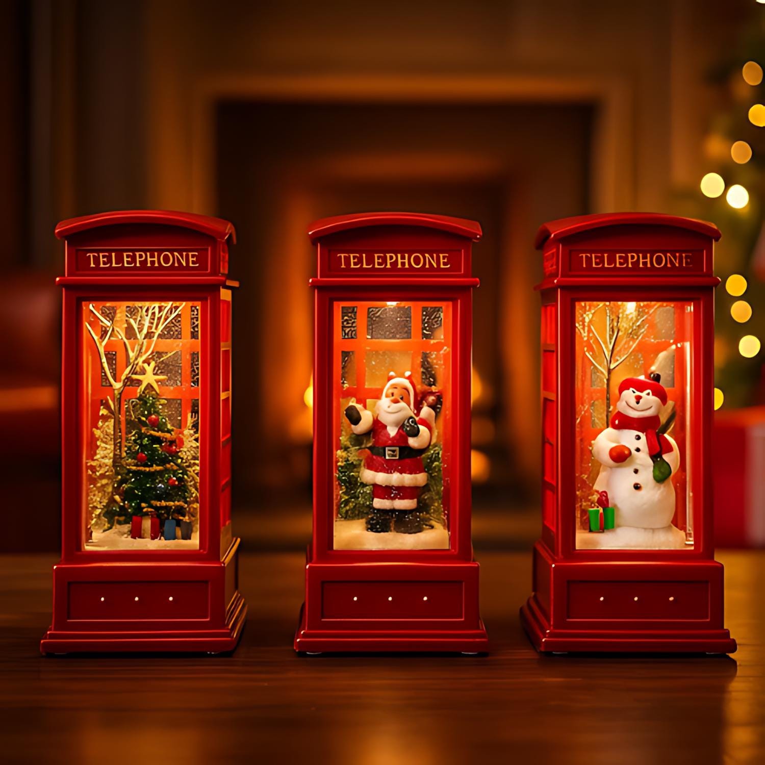 Red Retro Christmas Phone Booth, Santa & Snowman Lighted Ornament ...