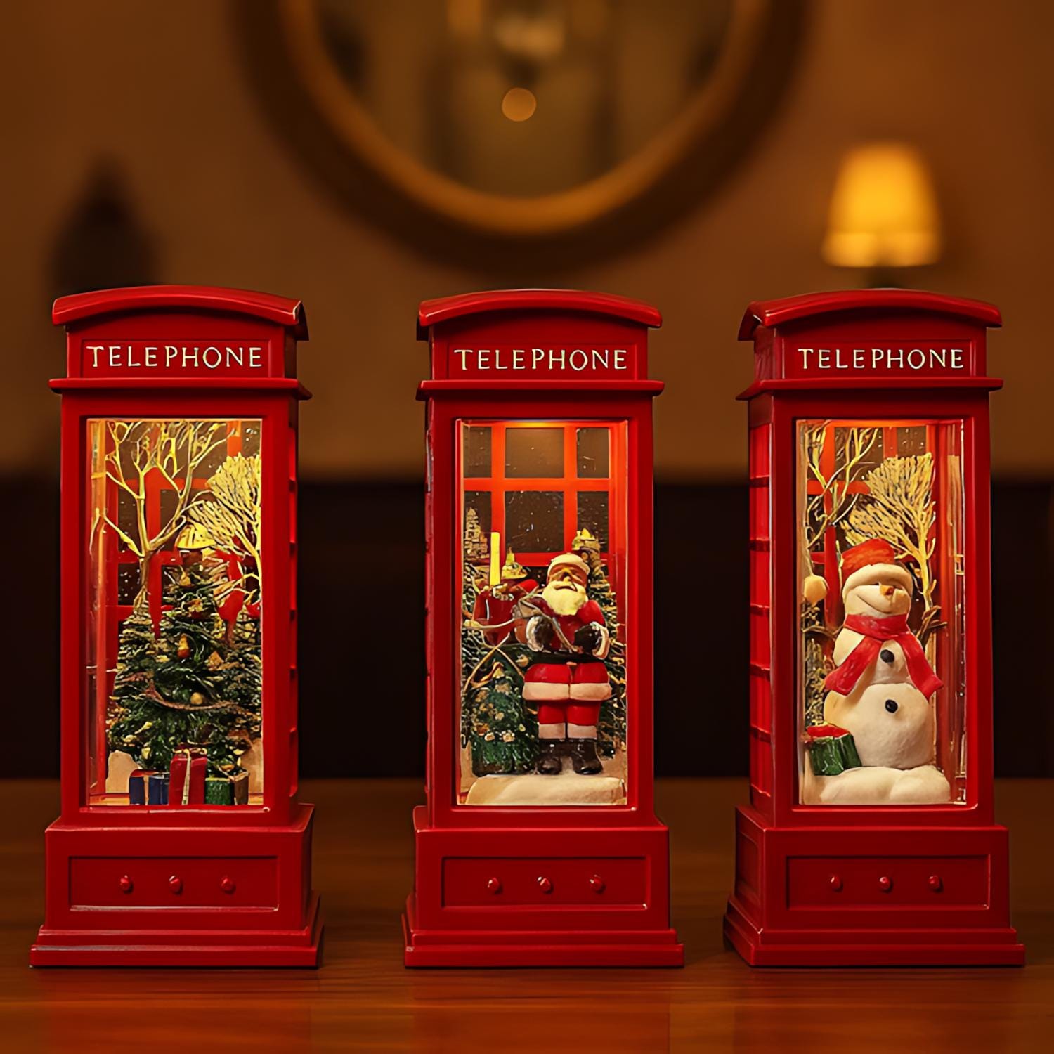Red Retro Christmas Phone Booth, Santa & Snowman Lighted Ornament ...