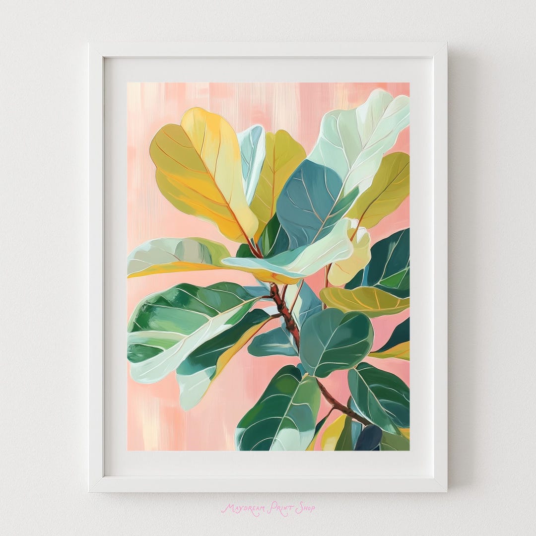 Fiddle Leaf Fig Print: Pink & Green Tropical Leaves Illustration ...