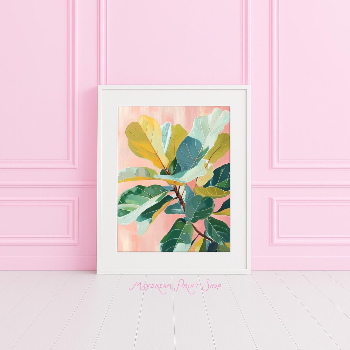 Fiddle Leaf Fig Print: Pink & Green Tropical Leaves Illustration ...