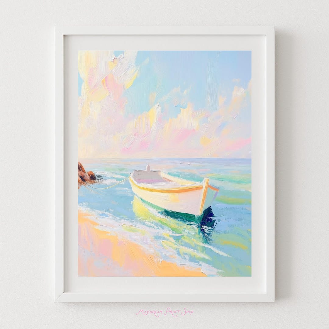 Pastel Fishing Boat Painting Printable - Dreamy Seaside Wall Art, Soft ...