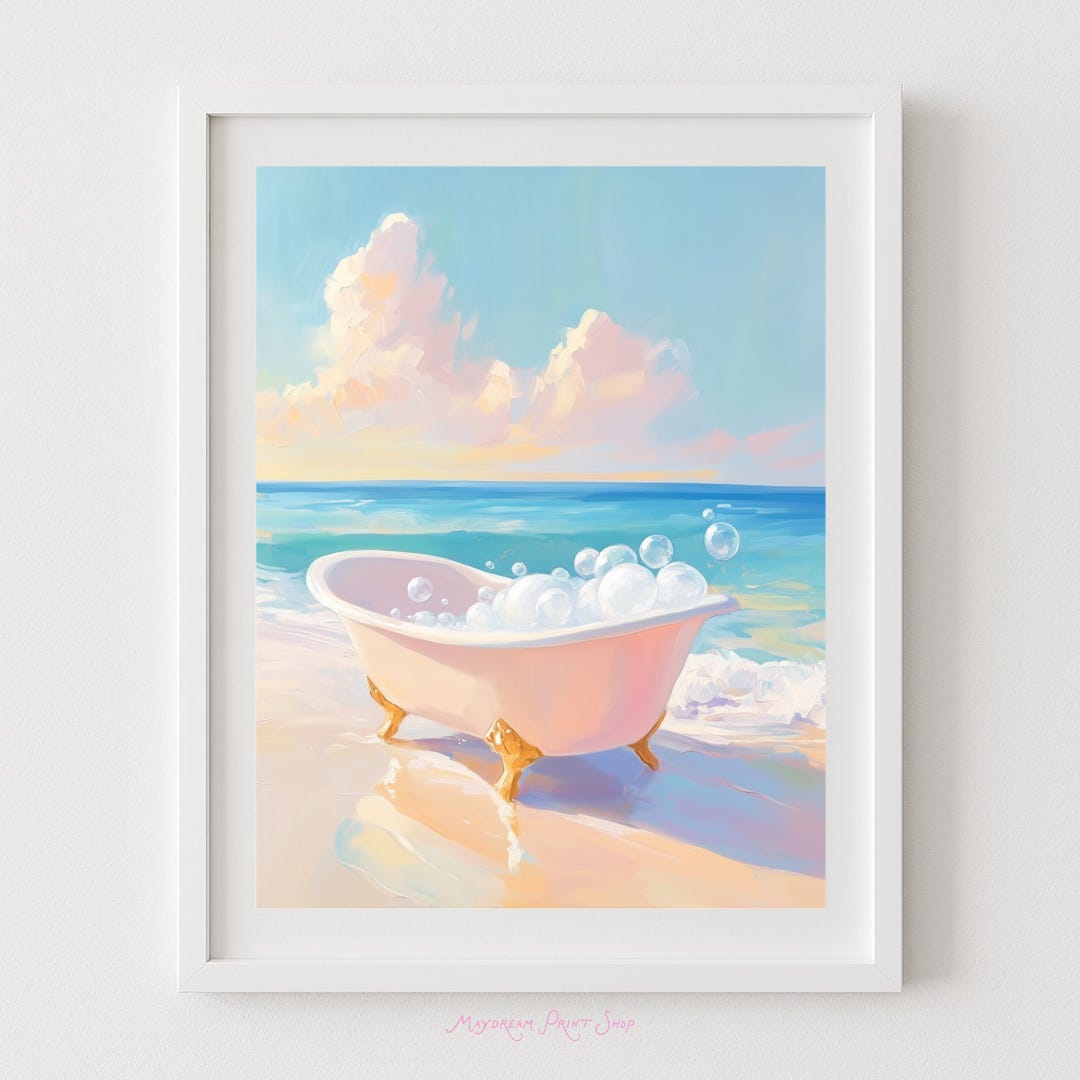 Beach Bubble Bath Printable Artwork - Bathroom Digital Art, Clawfoot ...
