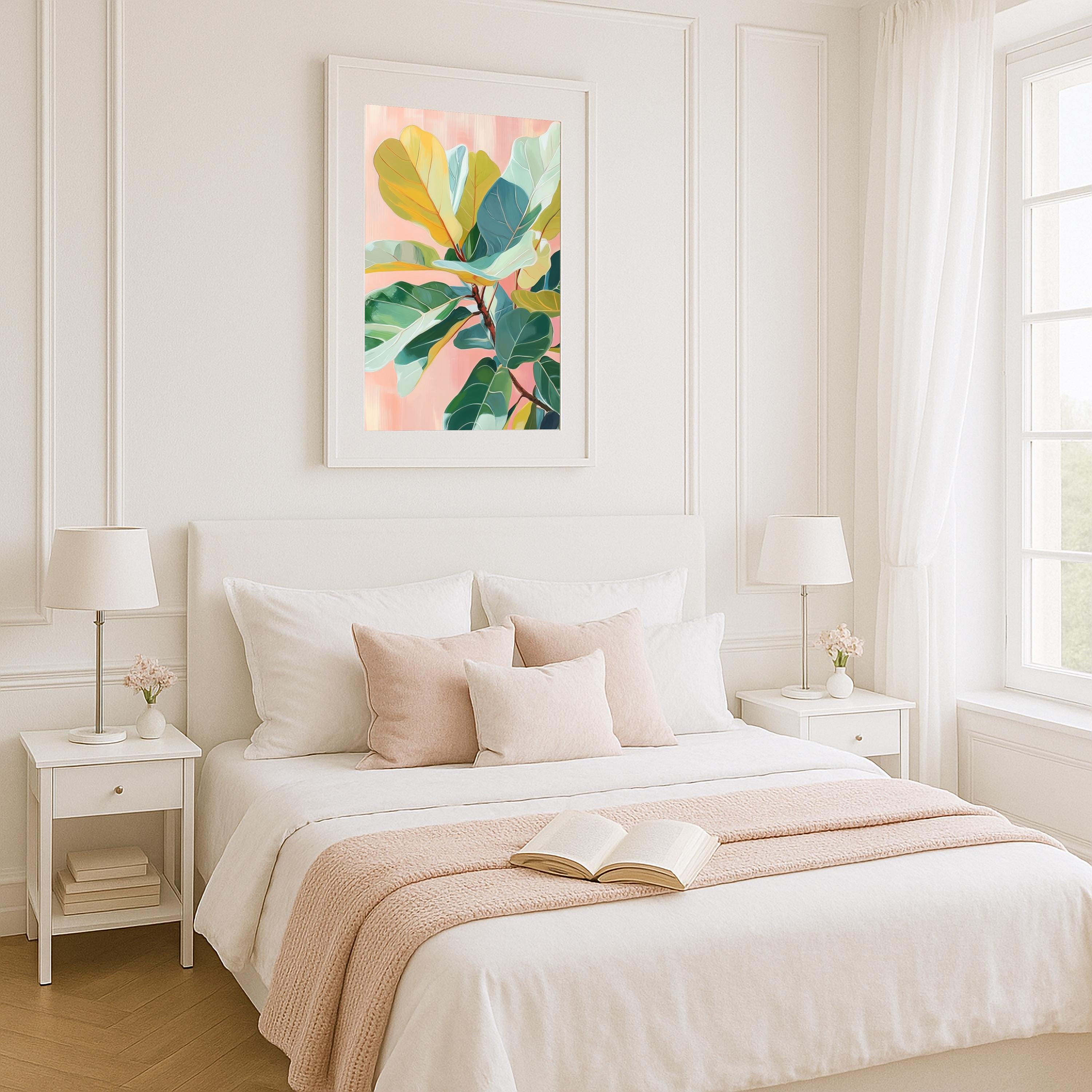 Fiddle Leaf Fig Print: Pink & Green Tropical Leaves Illustration ...