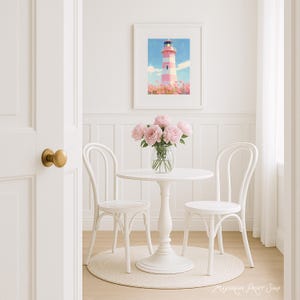 Pink Lighthouse, Coastal Preppy Printable Art, Pink Stripes, Floral Art ...