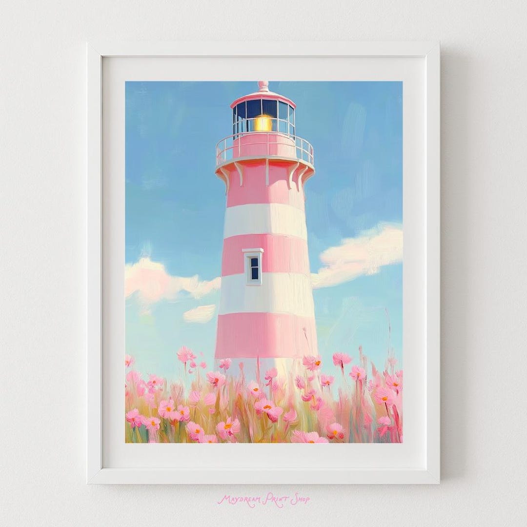Pink Lighthouse, Coastal Preppy Printable Art, Pink Stripes, Floral Art ...