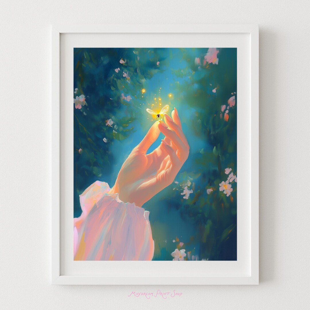 Firefly on Woman's Hand Art Print: Whimsical Night Garden (digital ...