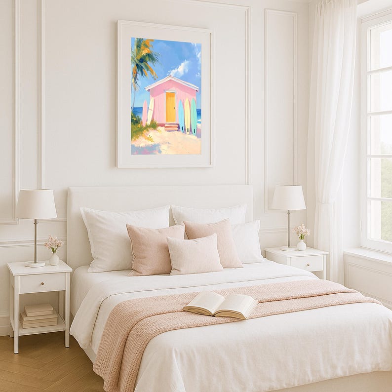 Surfers Cottage Printable Art - Pink Beach Hut Wall Decor, Surfboard ...