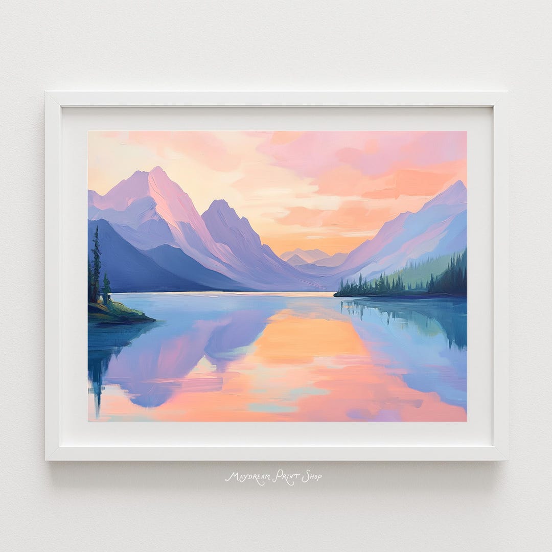 Colorful Mountain Landscape Digital Art Print - Blue, Purple, Peach and ...