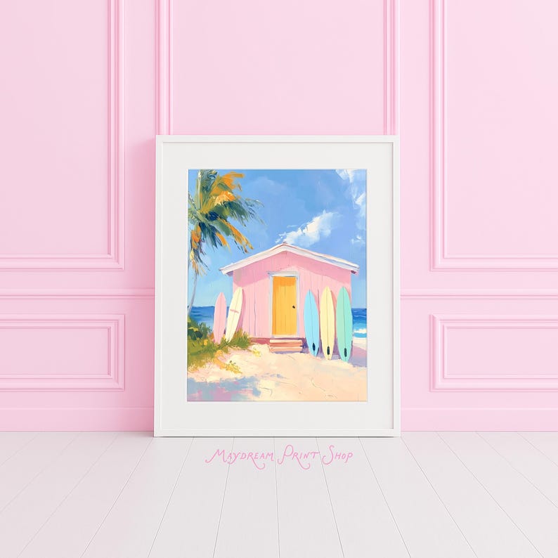 Surfers Cottage Printable Art - Pink Beach Hut Wall Decor, Surfboard ...