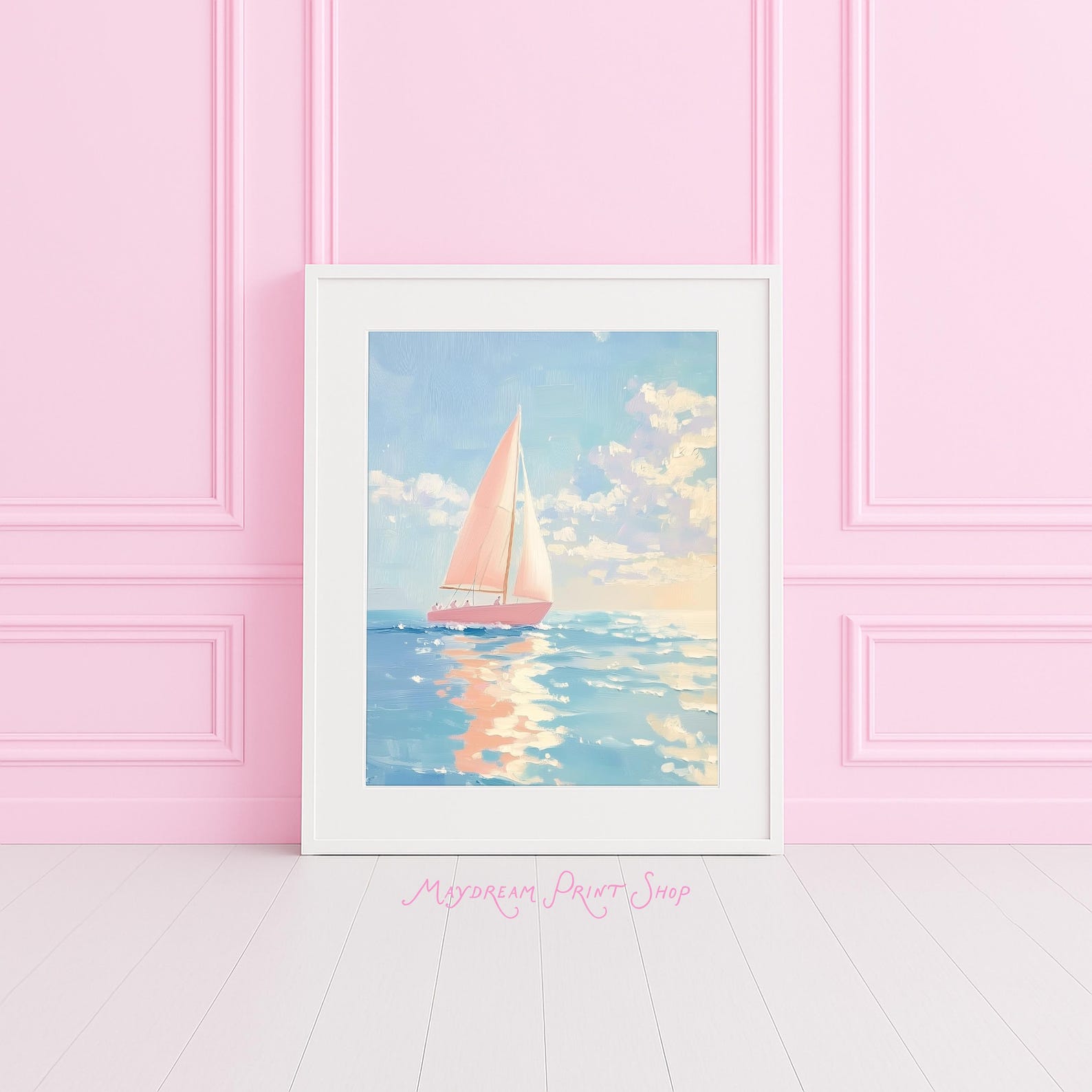 Pink Sailboat Printable Artwork - Sailing in the Ocean Poster, Nautical ...