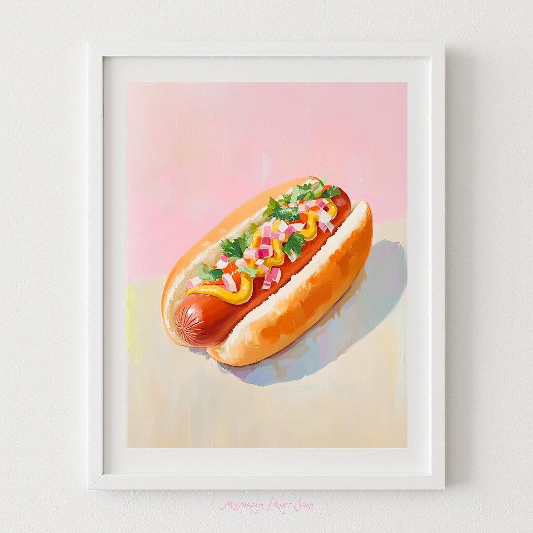 Hot Dog Wall Art Print - Printable American Food Painting, Pink Summer ...