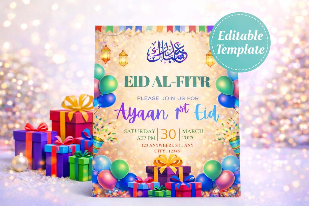 My First Eid Invitation Template | Balloon Toddler Eid Party Invite ...