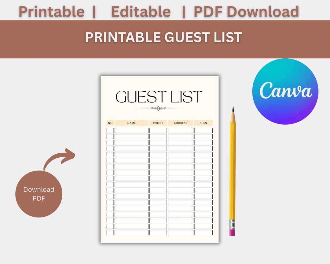Printable Guest List | Food List Printable | Guest List Tracker ...