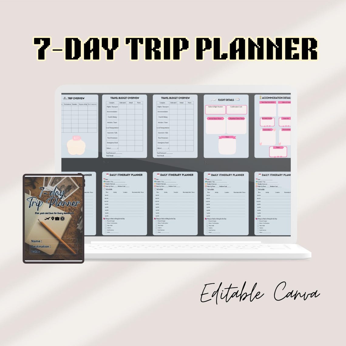 Editable 7-day Trip Planner | Printable Travel Itinerary | Canva ...