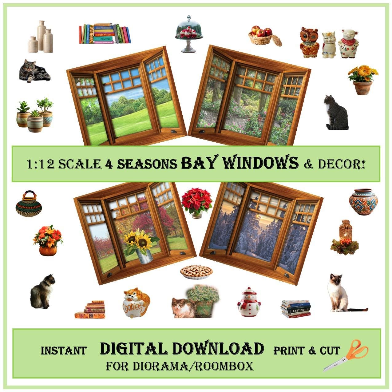 Dollhouse Miniature Bay Window With Seasonal Views and Accessories ...