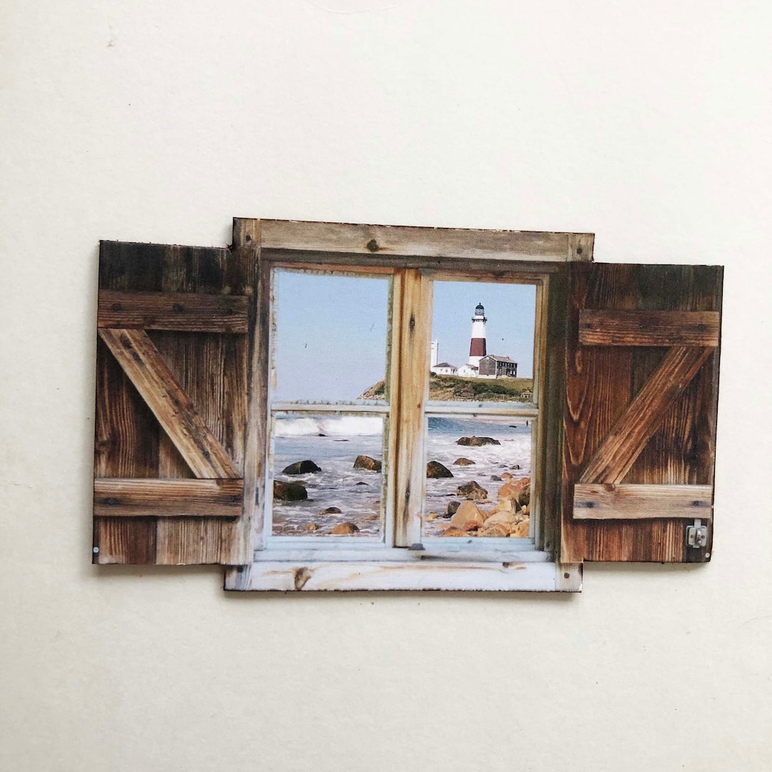 Faux Rustic Shuttered Window With View of Rocky Coast and Lighthouse ...