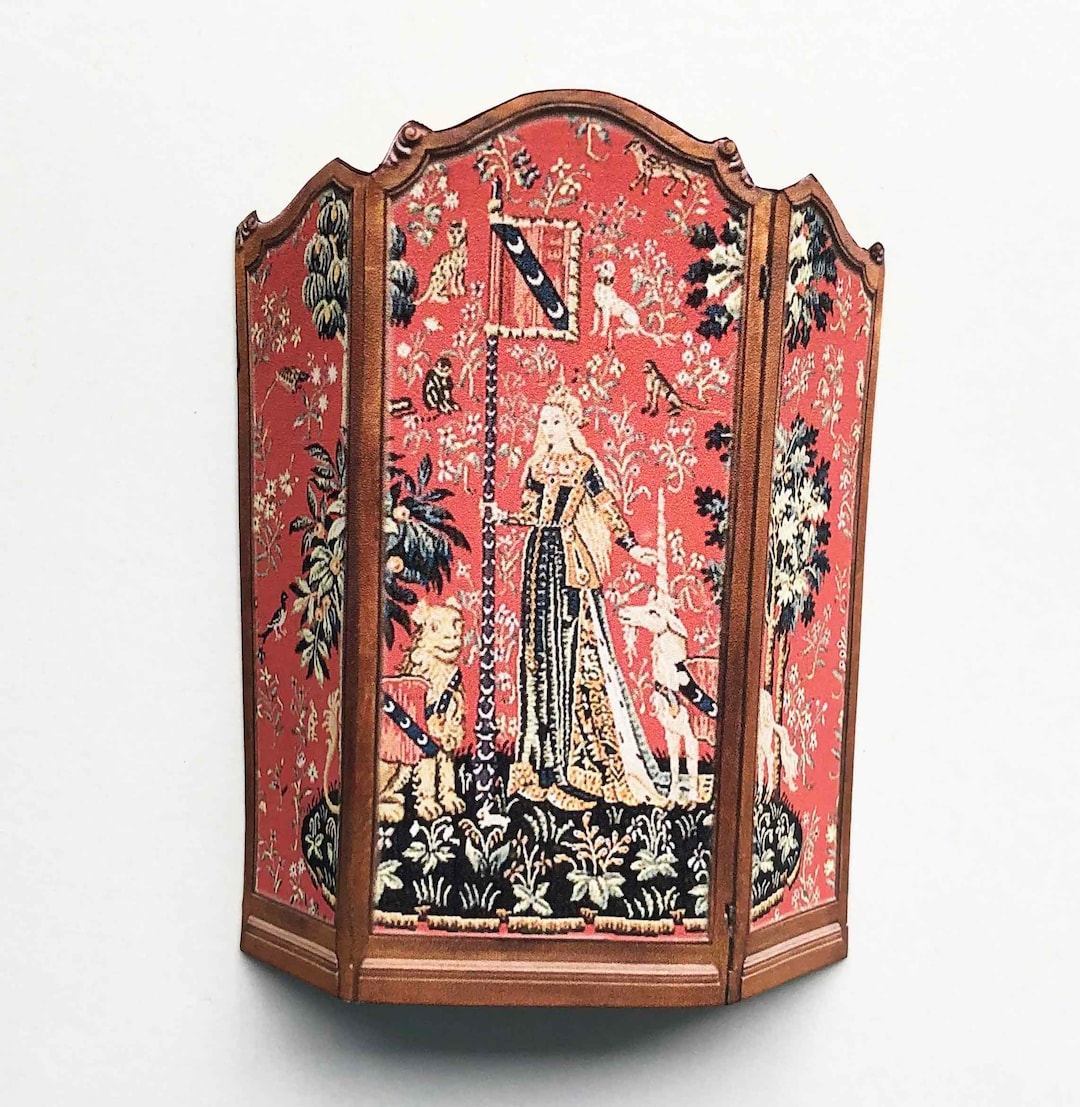 Dollhouse Miniature PAPER Dressing Screen Room Divider Lady and Unicorn ...