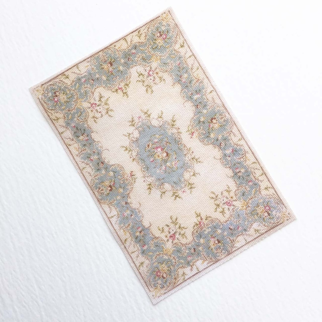Romantic French Aubusson Miniature Rug Pale Blue on a Light Background ...
