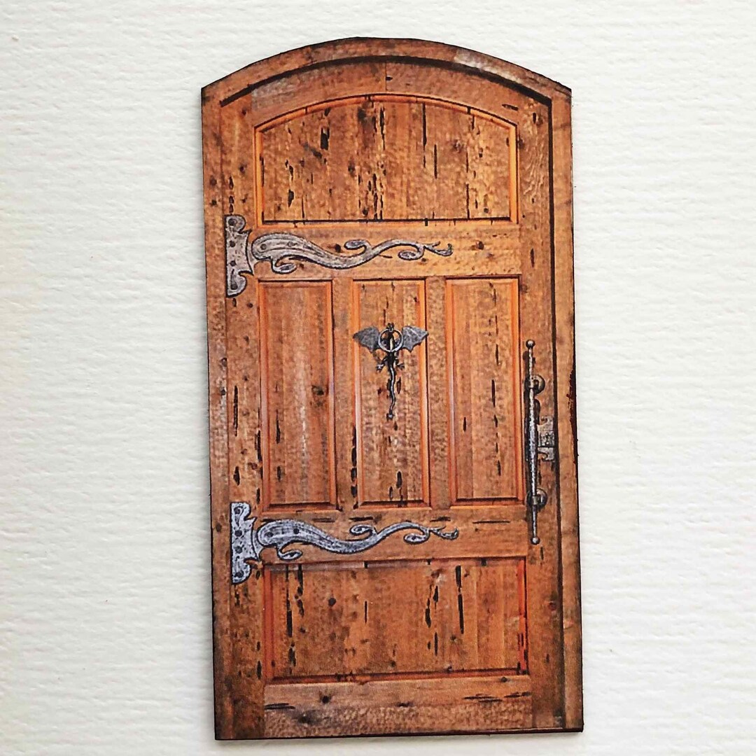 Miniature Wood Look PAPER Door With Dragon Knocker and Ornate Hinges 1/ ...