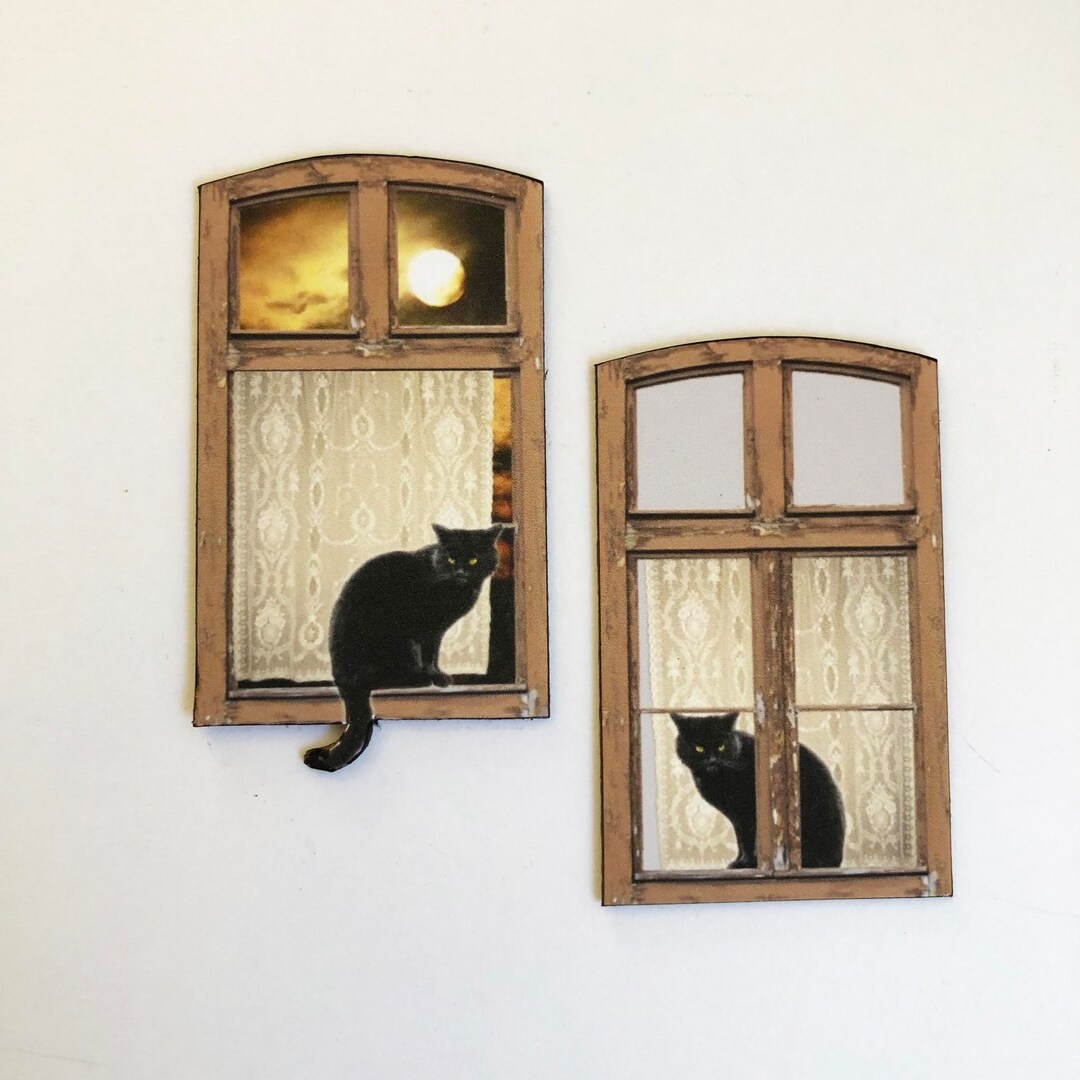 Rustic Miniature PAPER Window With Black Cat and Lace Curtain on a ...