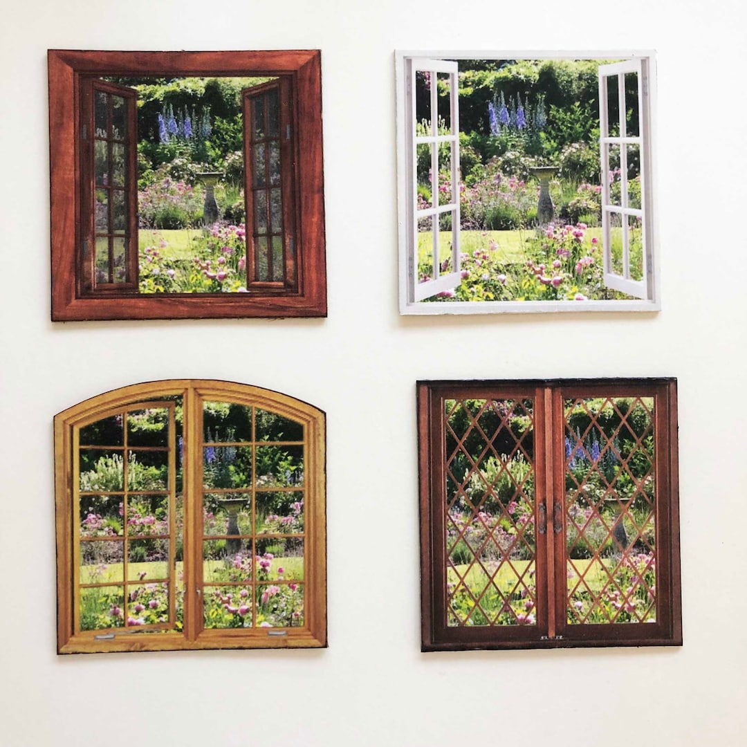 Windows With Garden Birdbath View, PAPER Miniatures in Sizes to Fit ...