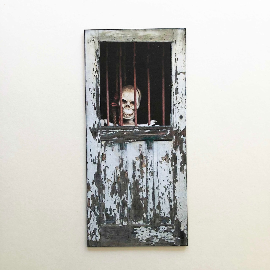 Miniature PAPER Reproduction Grungy Door With Skeleton Behind Barred ...