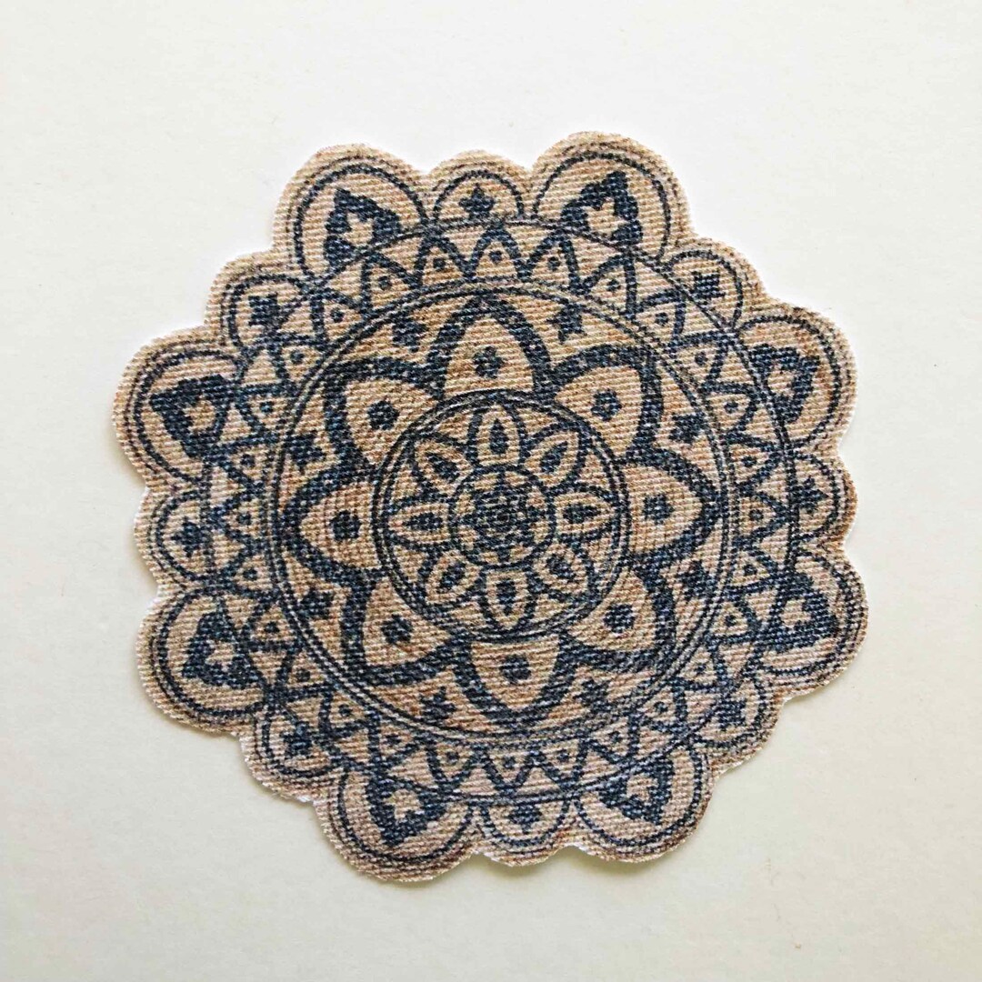 Miniature Round Scallop Edge Rug in Denim Blue, on a Jute Colored ...